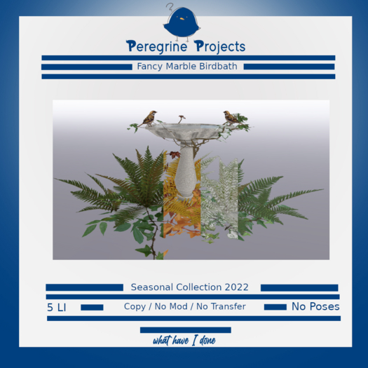 Second Life Marketplace - Peregrine_Projects - Fancy Marble Birdbath w Hud Box